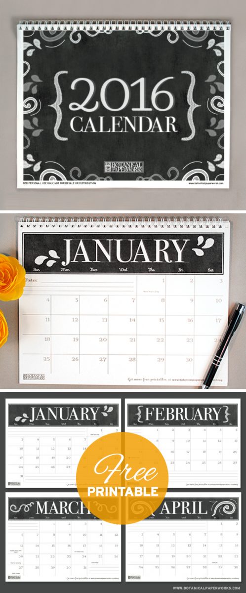 Botanical Paperworks free 2016 printable calendars - Sparkles of Sunshine